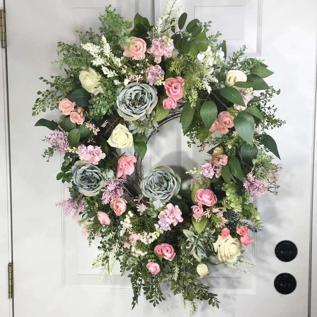 Pink and Teal Spring Wreath, Large Pink Spring Wreath, Pink Easter ...