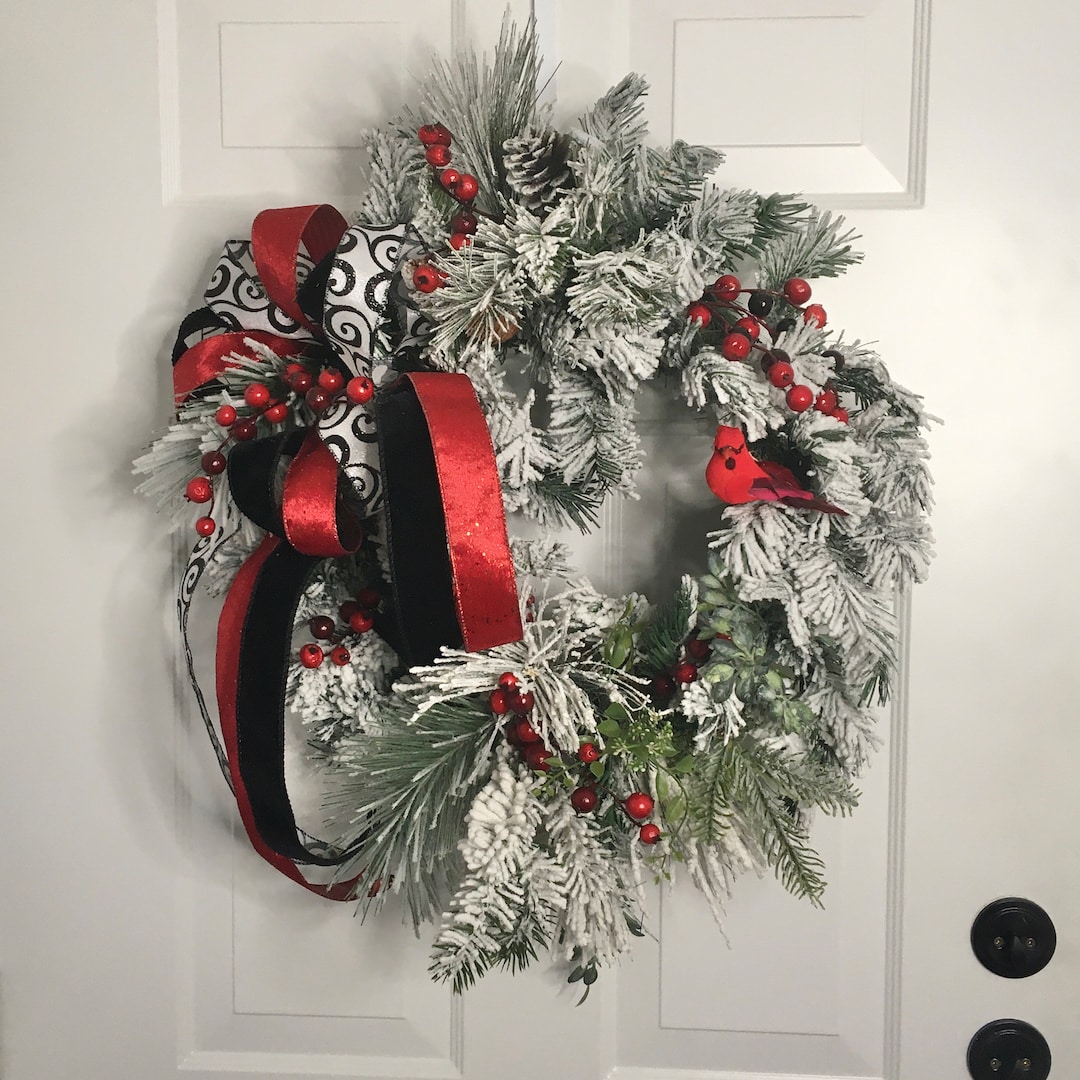 Snowy Winter Wreath, Winter Woodland Wreath, Black White Red Winter ...