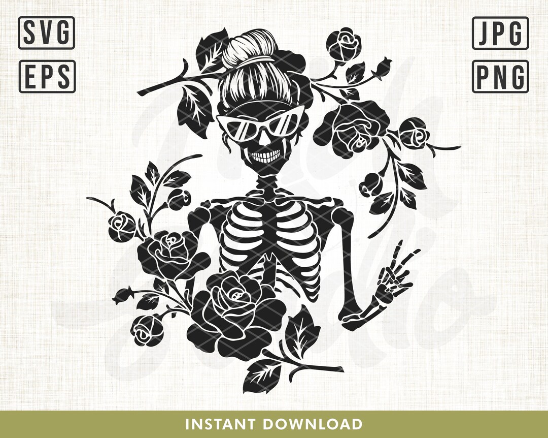 Mom Skull, Mom Skeleton Svg, Messy Mom Bun Svg, Floral Skeleton Svg ...