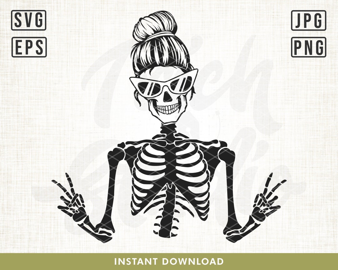 Mom Skull, Mom Skeleton Svg, Messy Mom Bun Svg, Peace Skeleton Svg ...