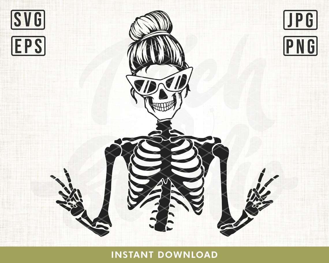 Mom Skull, Mom Skeleton Svg, Messy Mom Bun Svg, Peace Skeleton Svg ...
