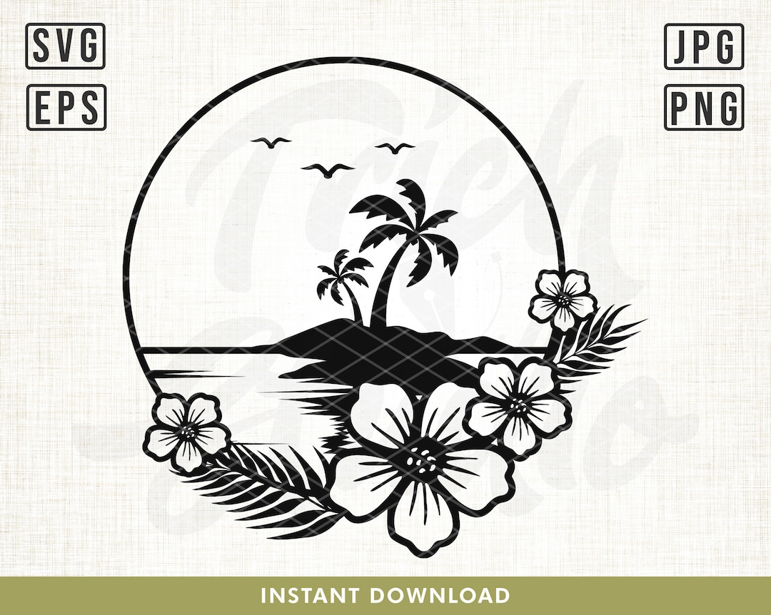 Aloha Svg, Hawaiian Flower Scene Svg, Beach Svg, Palm Tree Svg, Hawaii ...