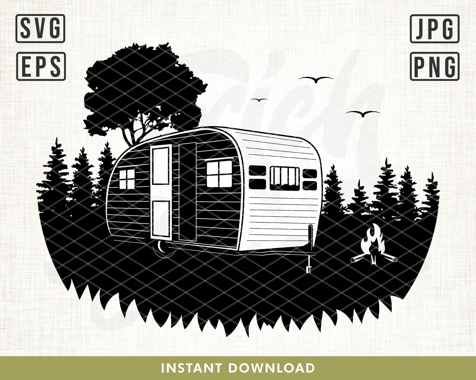 Camper Svg File, Outdoor Svg, Camper in Woods, Camping Svg, Campfire ...