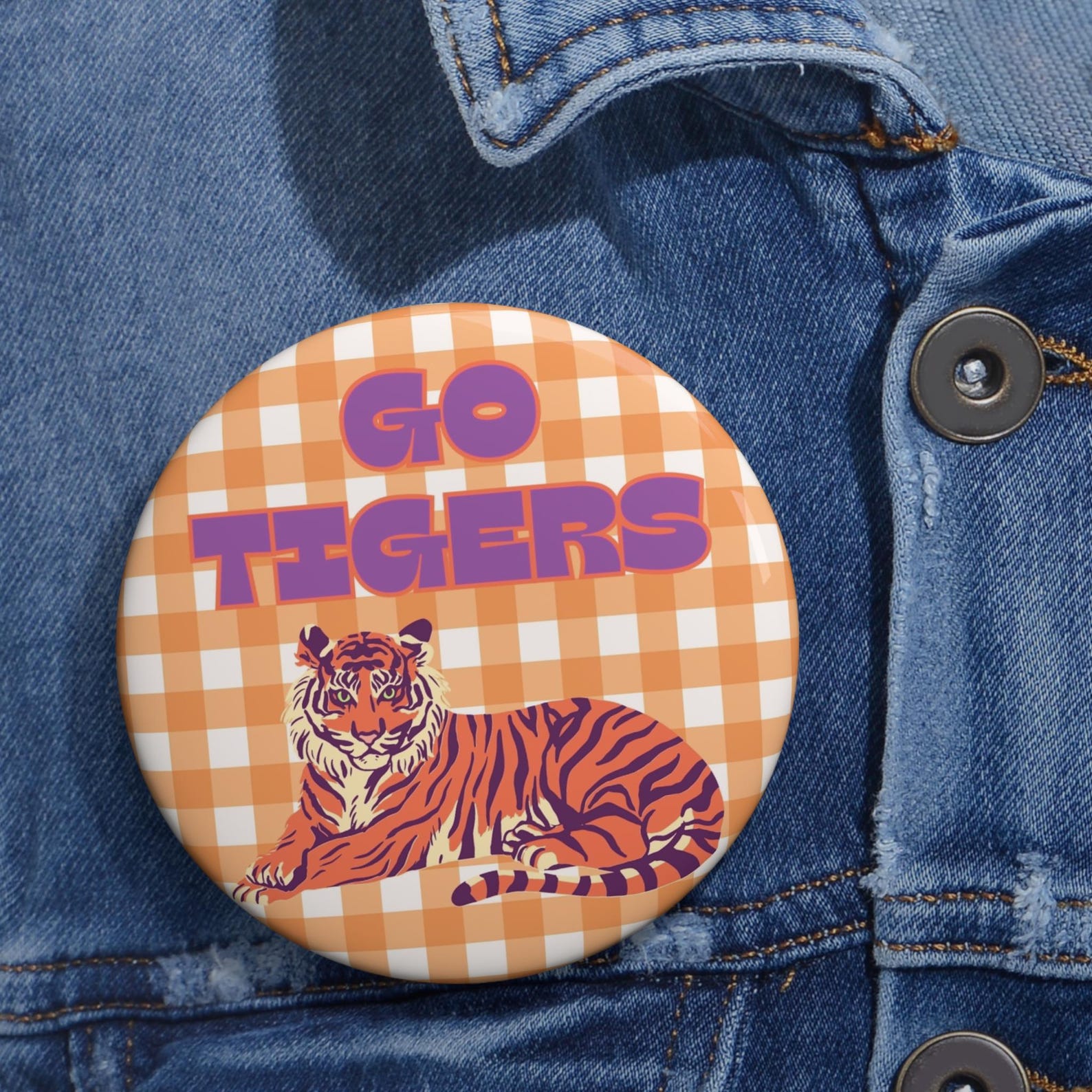 Clemson go Tigers Game Day Pin Button, Orange Gingham Game Day Pin ...