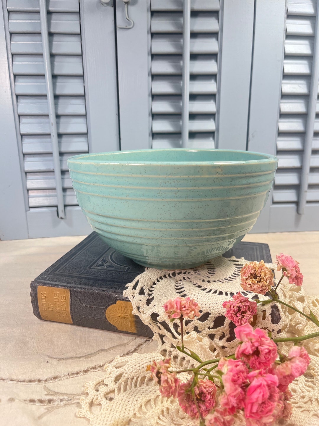 Vintage Mccoy Pottery 7-3/8" Beehive Teal Speckled Stoneware Mixing ...