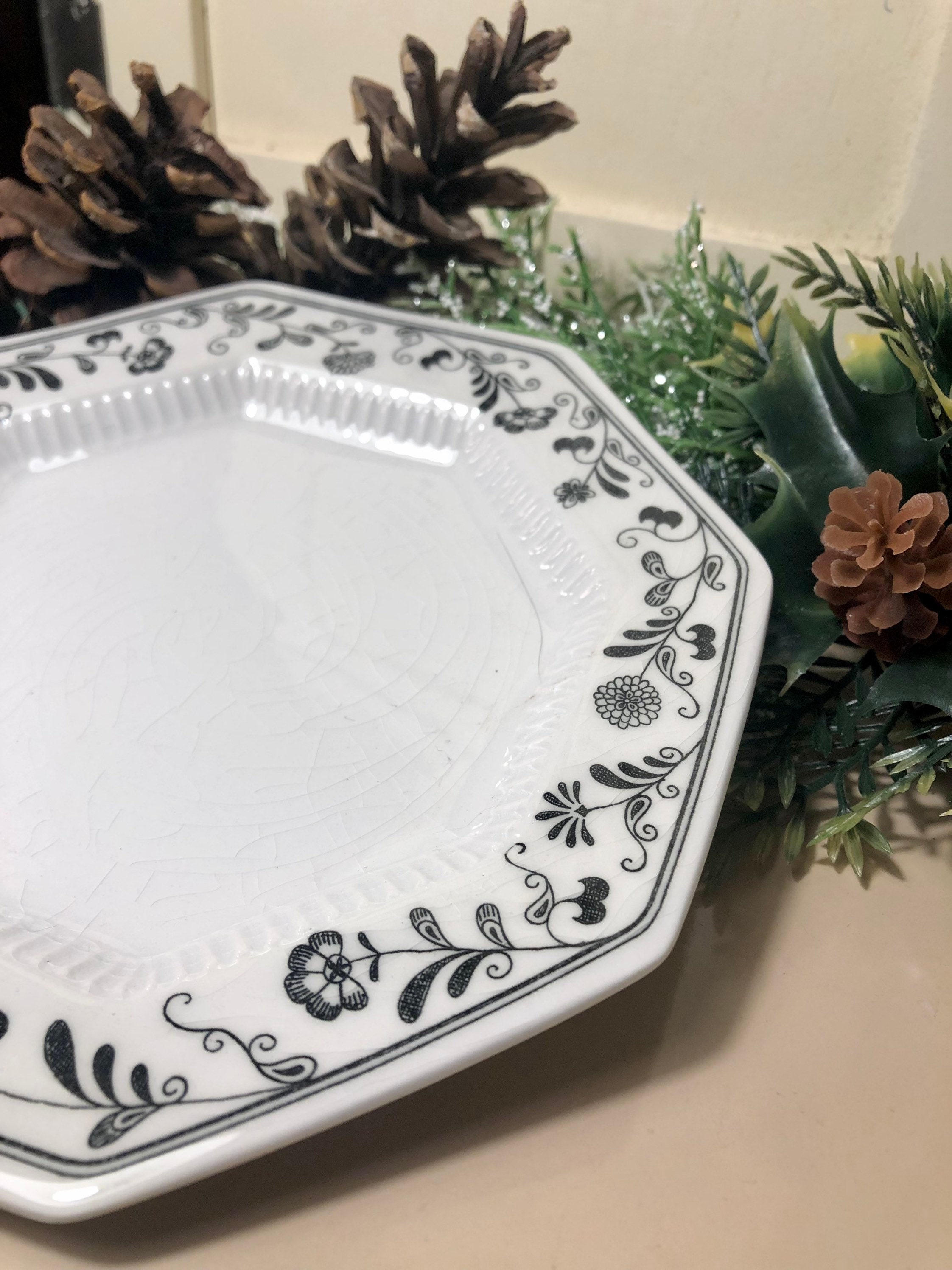 White Black Florals Octagon Shape Ironstone 6-1/2 Dessert Plate ...