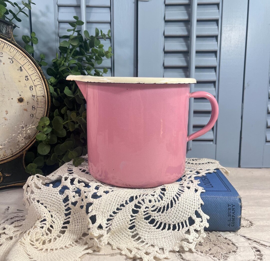 Vintage Pink Enamelware Handled Cup / Pitcher / Planter With Spout by ...