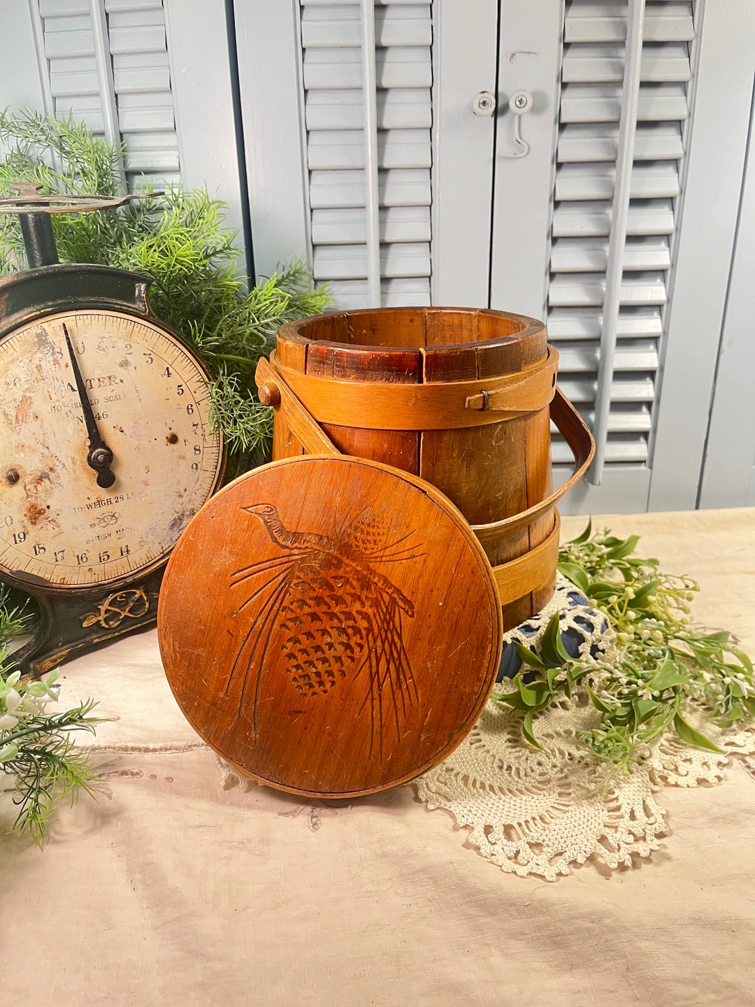 Vintage Wooden Firkin Primitive Shaker Box With Pine Cone Engraving - Etsy
