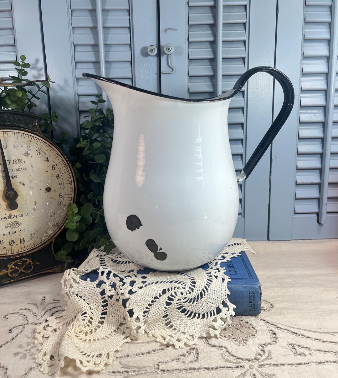 Vintage Farmhouse White Enamelware Basin Pitcher - Etsy