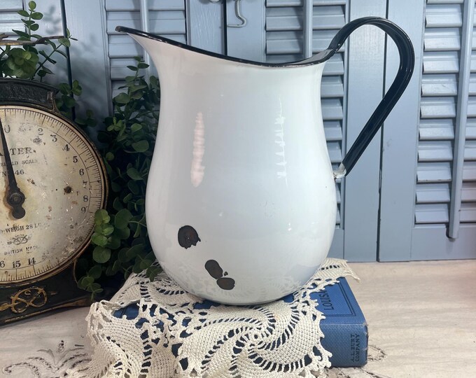 Vintage Farmhouse White Enamelware Basin Pitcher - Etsy