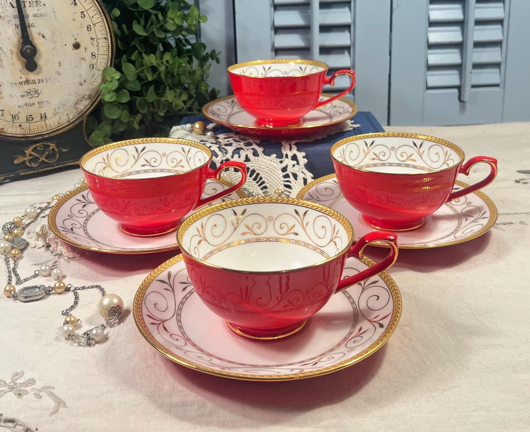 Teavana Ruby Filigree Bone China Tea Set - Red and Gold Filigree 4 Cups ...