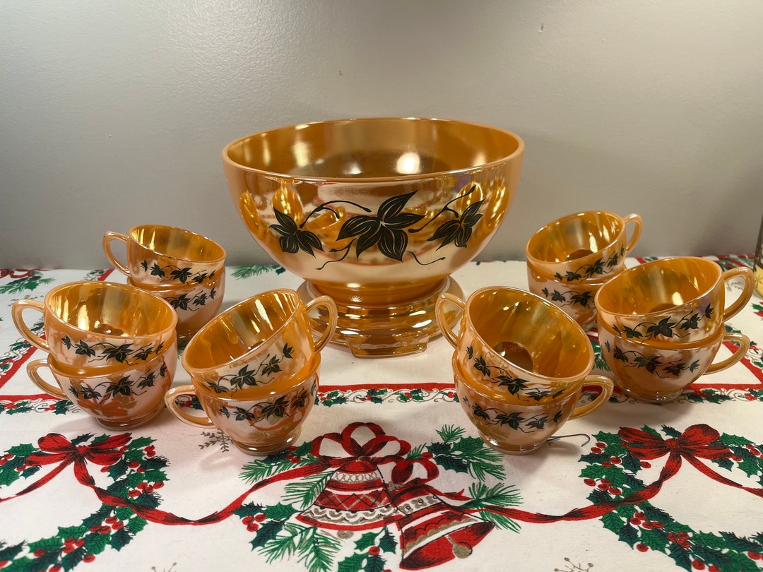 Anchor Hocking Peach Luster Ivy Leaf Punch Bowl Set Complete in ...
