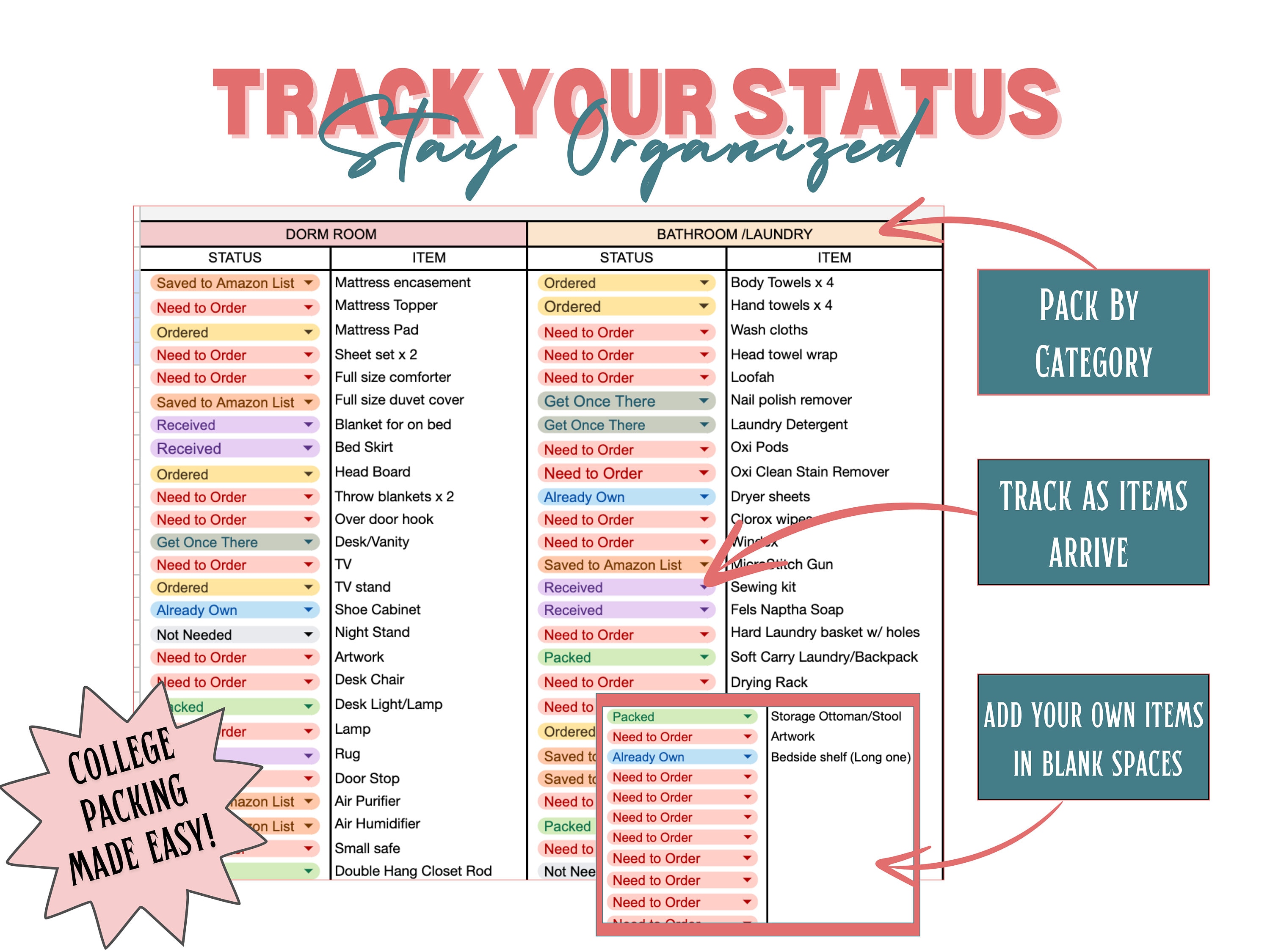 COLLEGE PACKING LIST, Dorm Packing List, Interactive Document, Track ...