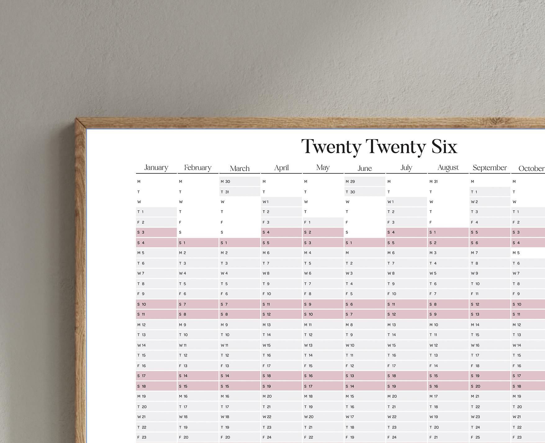 2026 Full Pink Year Wall Planner A3 Landscape Year Planner Yearly Wall ...