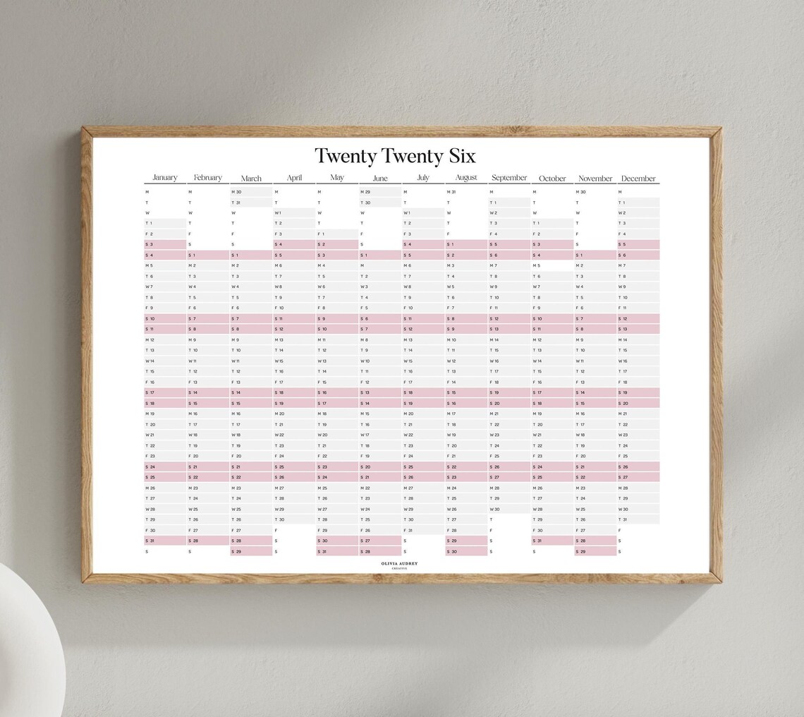 2026 Full Pink Year Wall Planner A3 Landscape Year Planner Yearly Wall ...