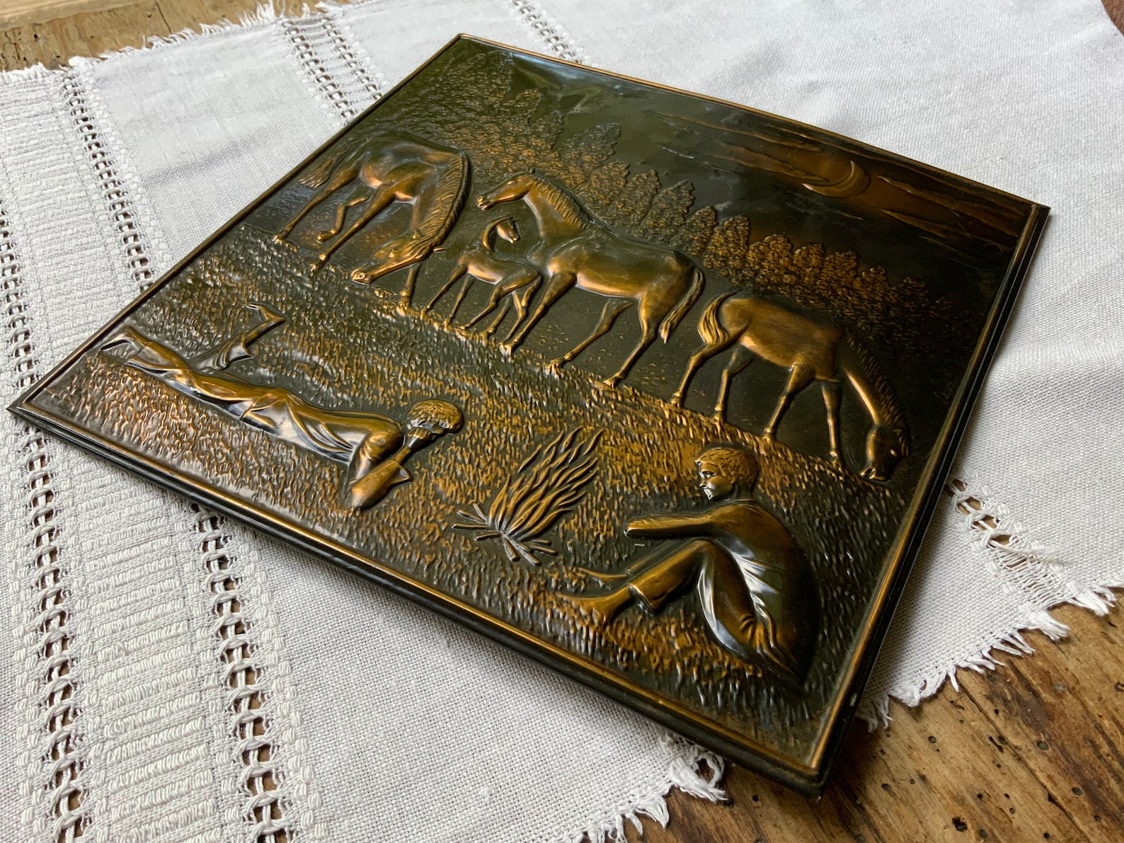 Vintage Decorative Metal Copper Chasing ,boy With Horses Plaque, Wall ...
