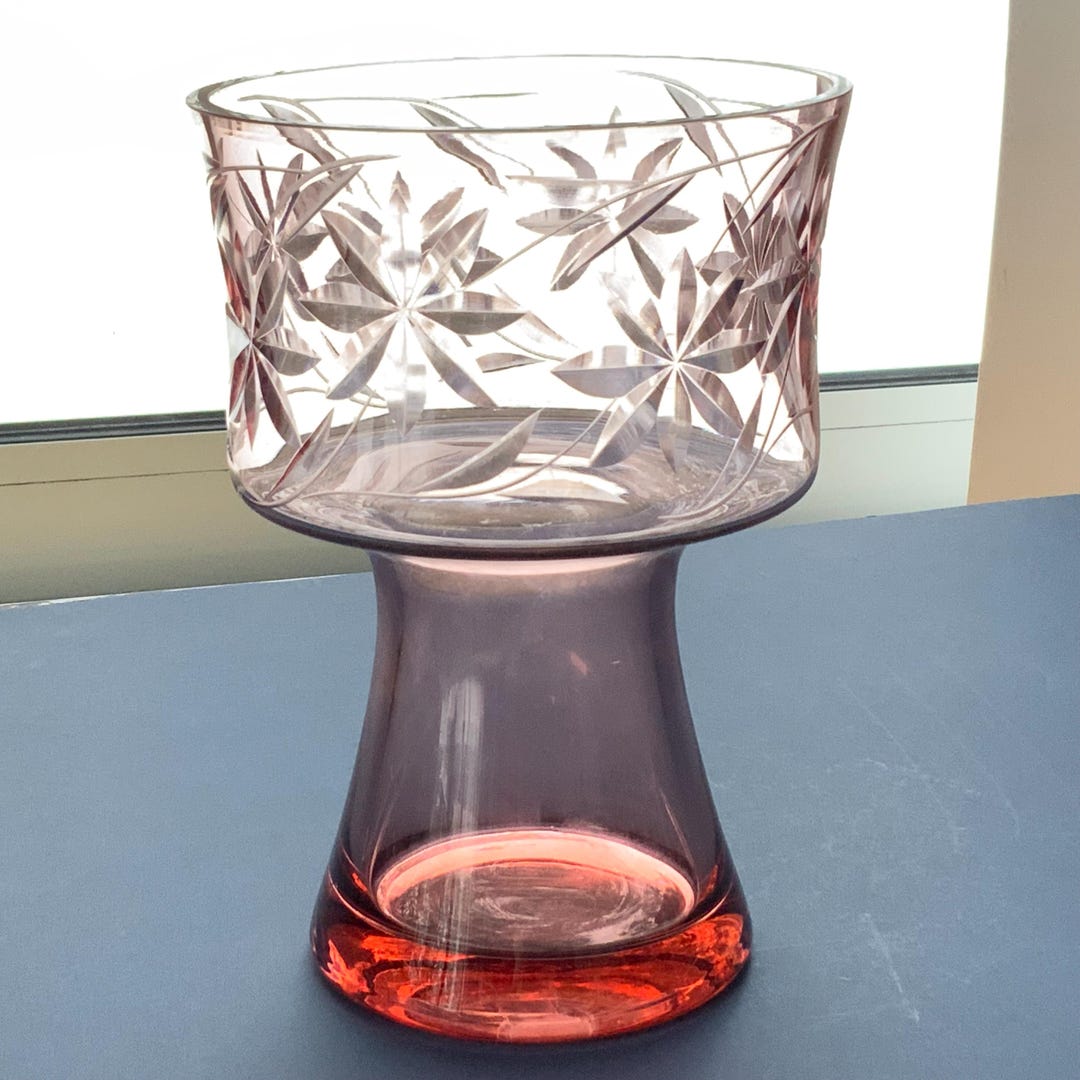 Big Etched Pink Glass Vase, Vintage Pink Glass Vase, Flower Vase, Home ...
