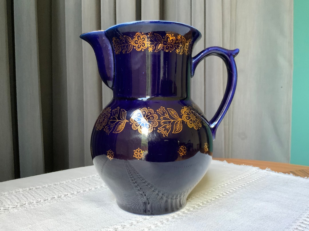 Mid Century Cobalt Blue Pitcher Vintage Cobalt Blue Water Pitcher With ...