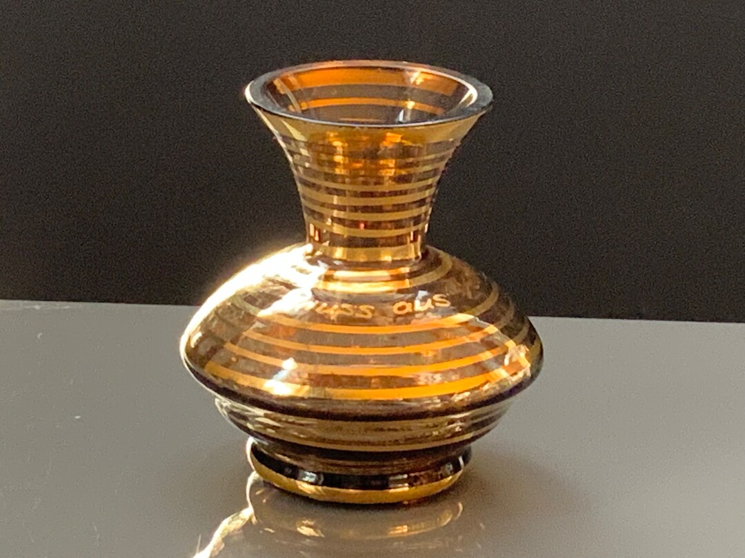 Vintage Very Small Amber Color Glass Vase, Gold-rimmed Glass, Gold Trim ...