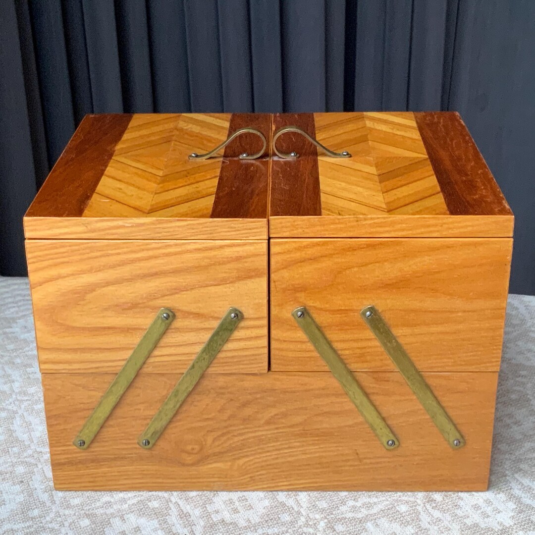 Vintage Large Wooden Box, Folding Sewing Box, Storage for Sewing ...
