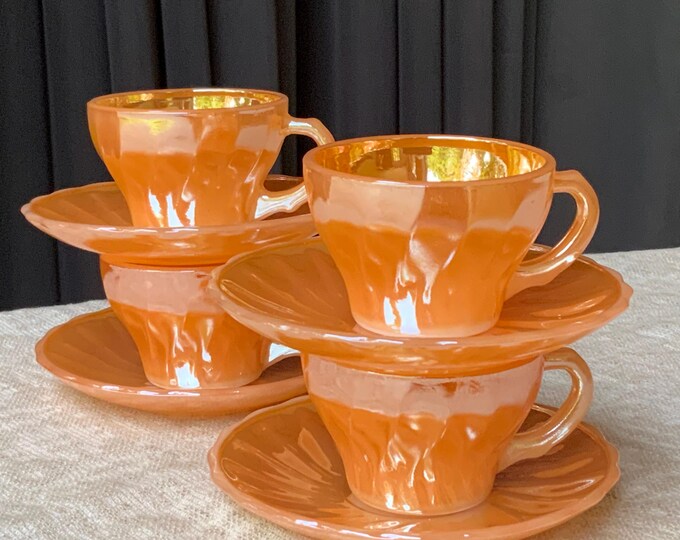 Gold Shiny Fire King Peach Luster Swirl Demitasse,4 Coffee Cups Duo - Etsy