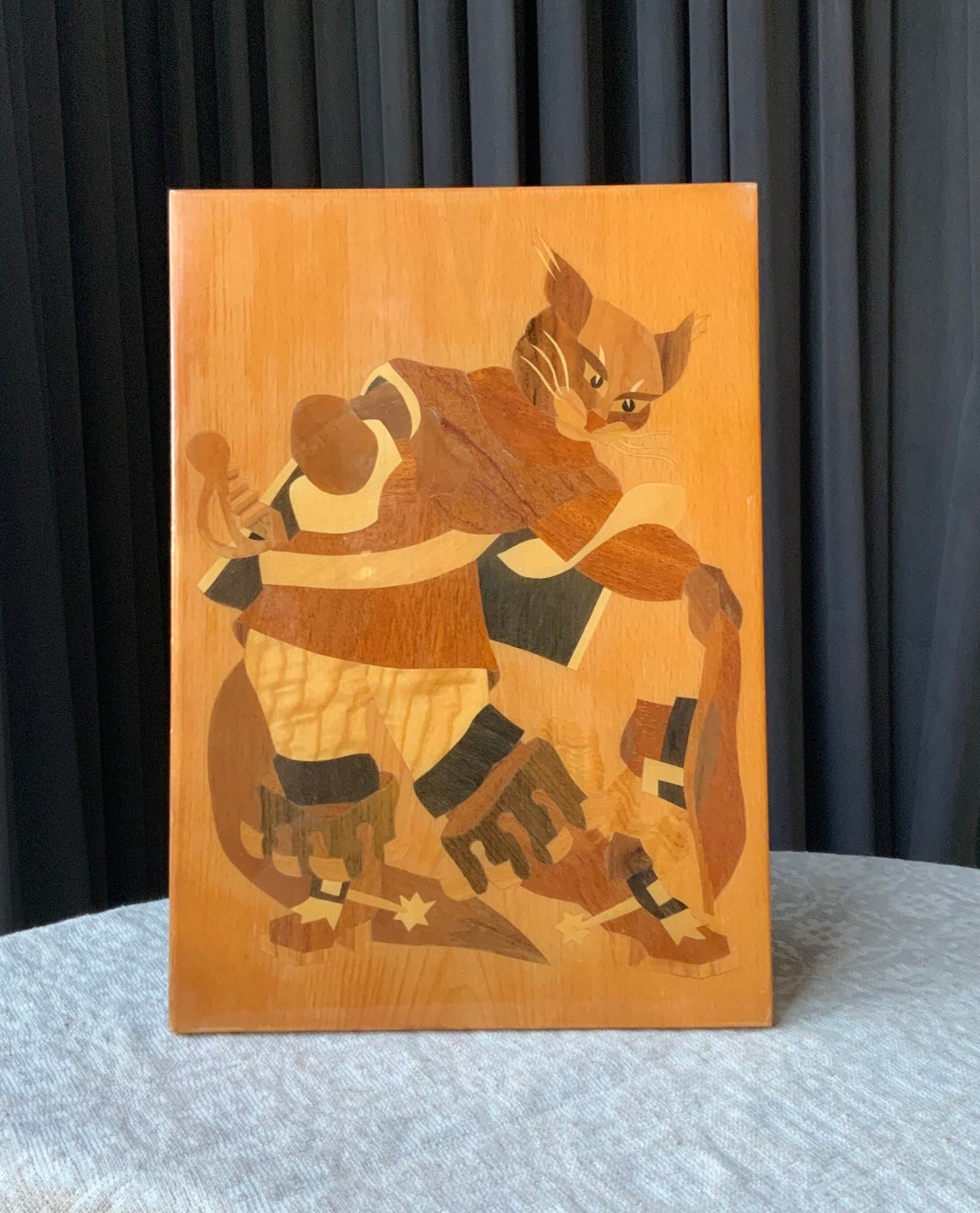 CAT WOODEN INLAY Vintage, Wooden Wall Plaque, Cat in Boots, Cat ...