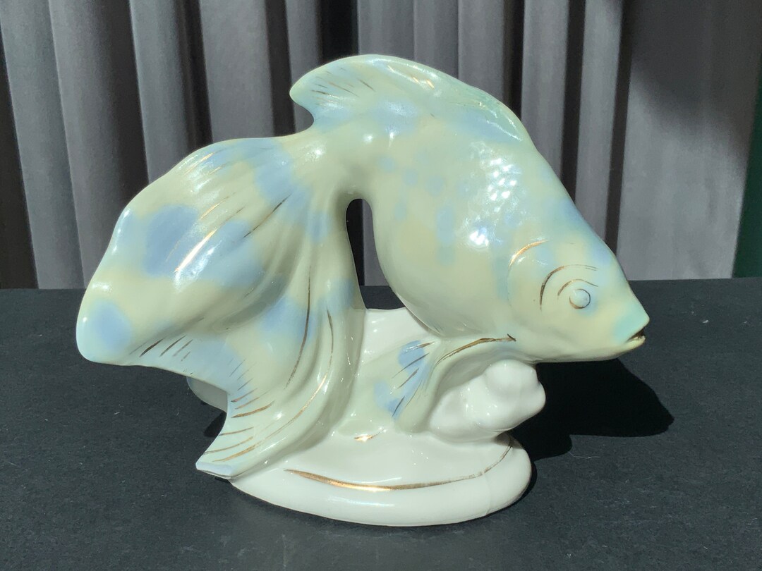Vintage Porcelain Figurine, Statuette, Blue Fish With Gold Rim, PFF ...