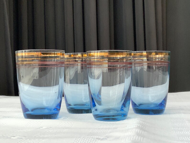 Gold Rimmed Blue Glasses, Vintage Blue Glass Tumblers, 2.9in Tall, 70ml ...