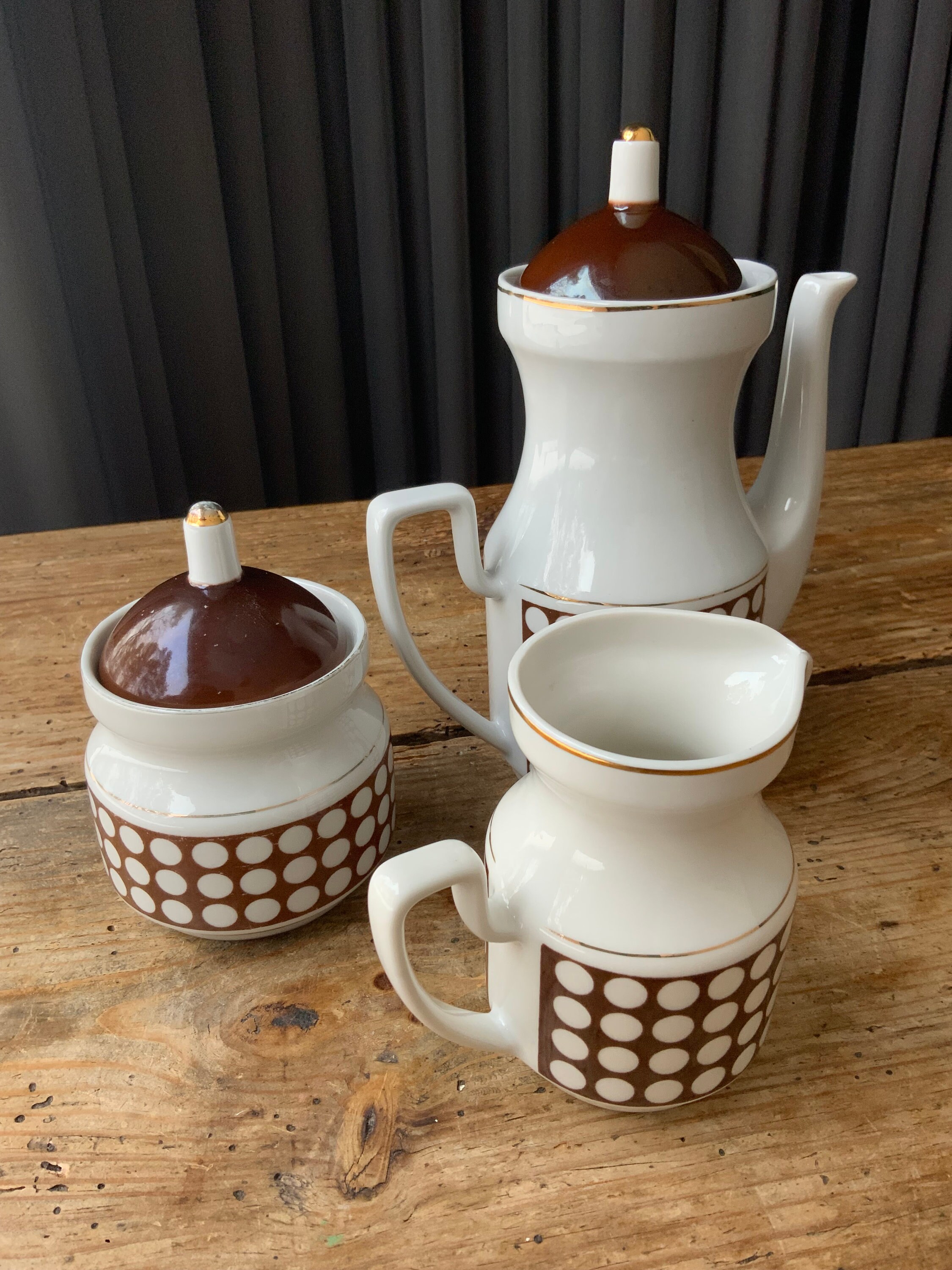 Vintage Soviet Porcelain Coffee Set, Brown Polka Dot Design, Made in ...