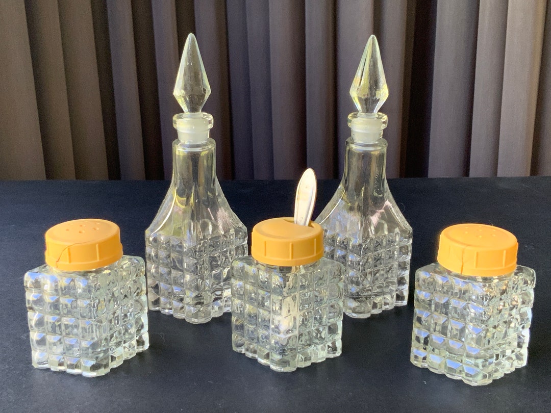 Set of 5 Vintage Oil and Vinegar Bottles, Mustard Jar With Hole for ...