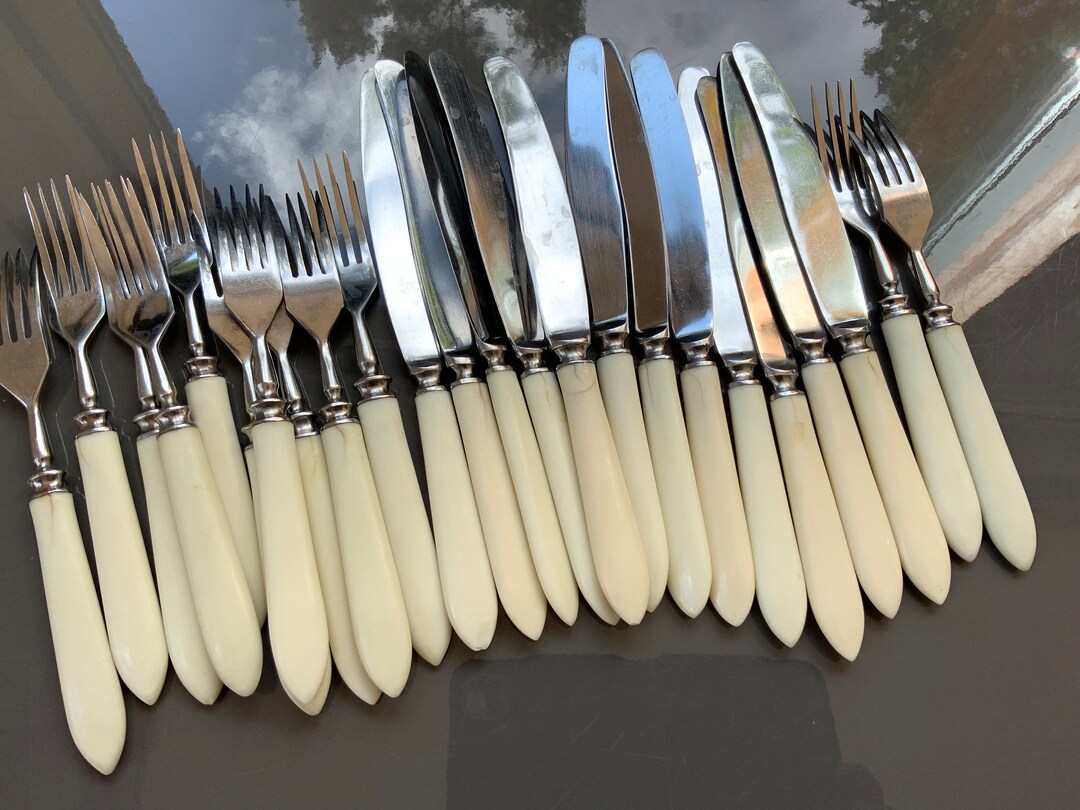 24x Antique Cutlery Set, Faux Bone Bakelite Cutlery Flatware, 12 Knives ...