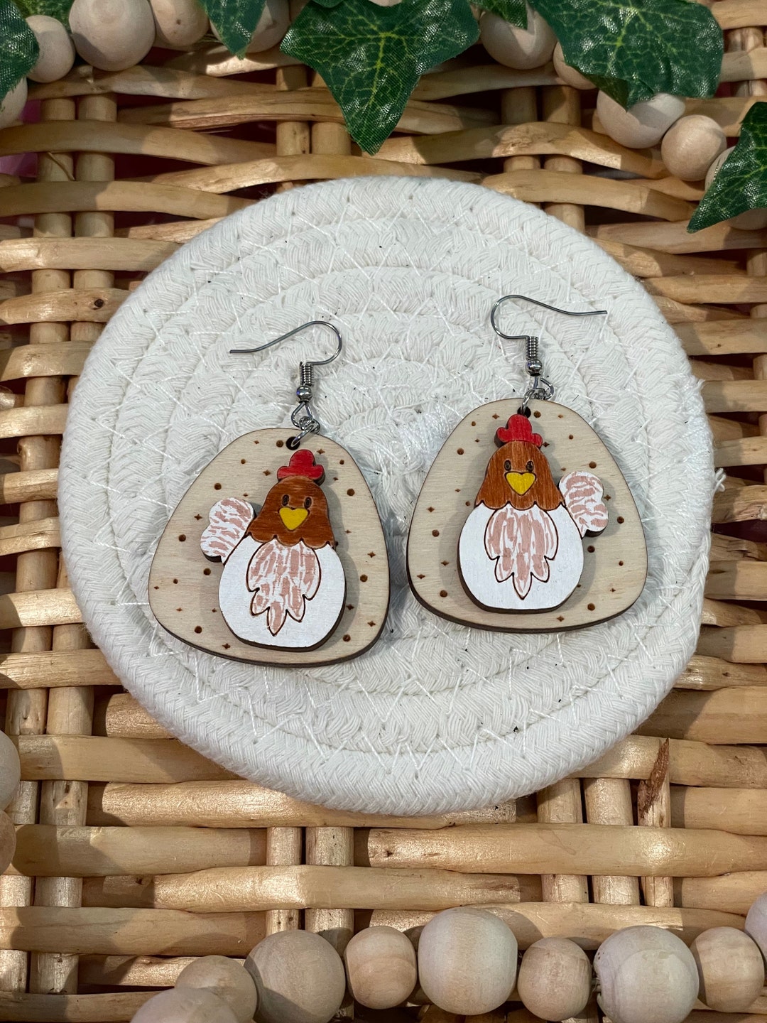 White Chicken Hand Painted 3d Wood Dangle Earring - Etsy