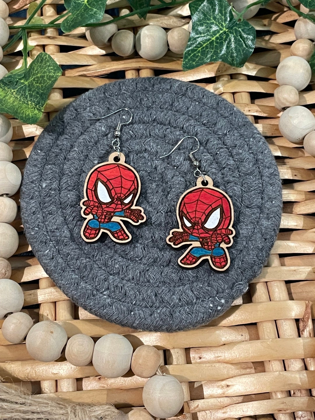 Spider-man Marvel Hand Painted Wood Dangle Earring - Etsy