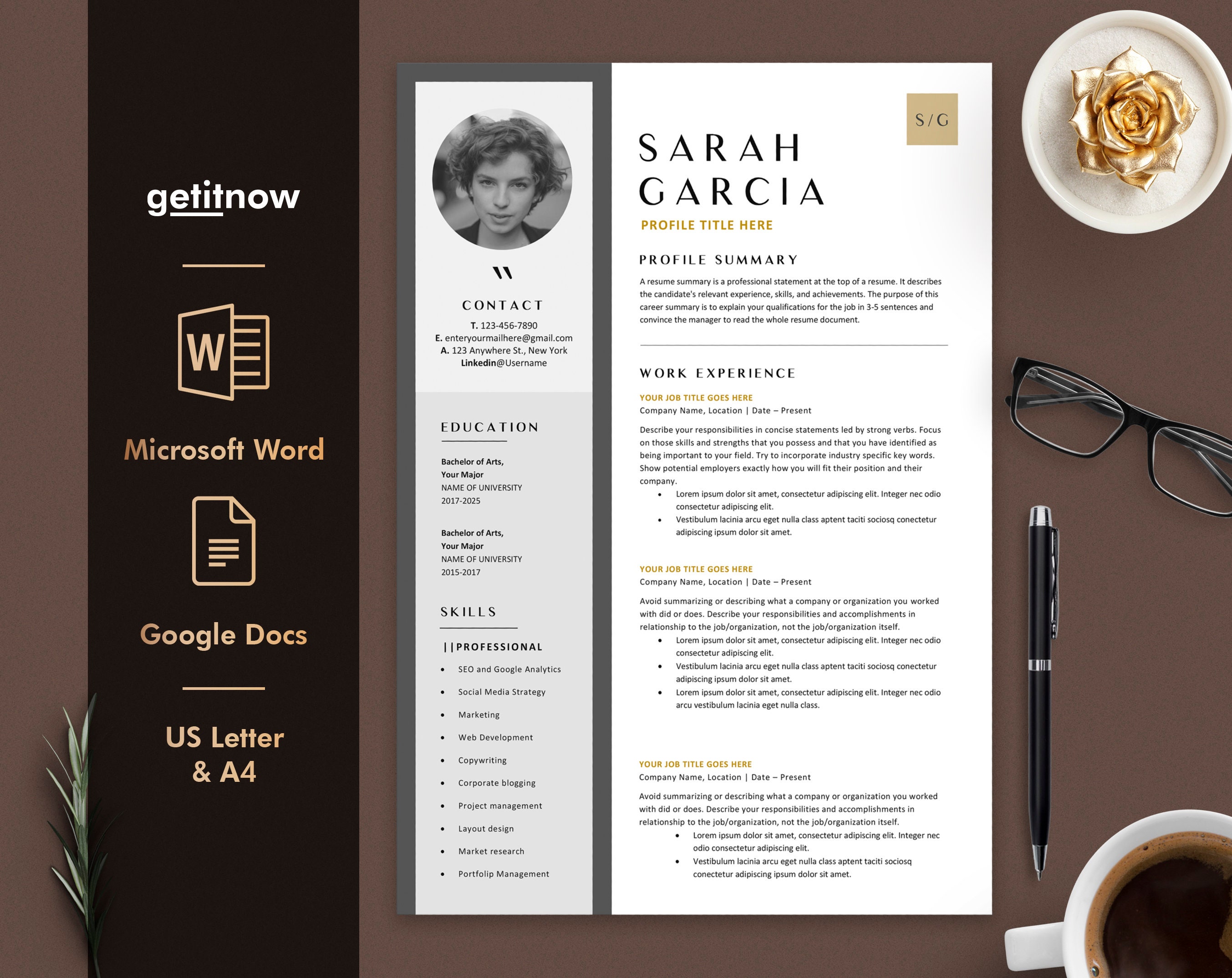 Executive Resume Template Word & Google Doc, Resume Template Modern ...