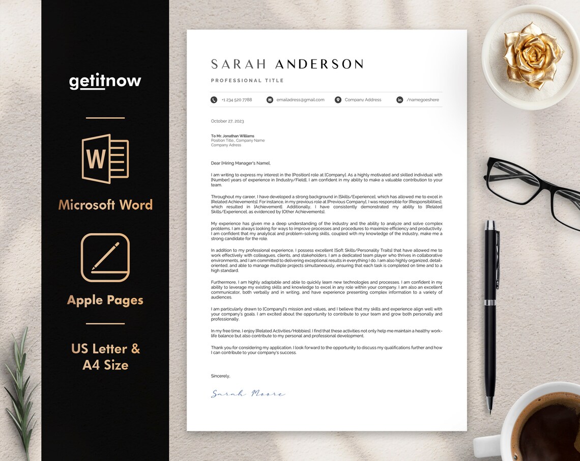 Cover Letter Template for Microsoft Word & Apple Pages, Sample Letter ...