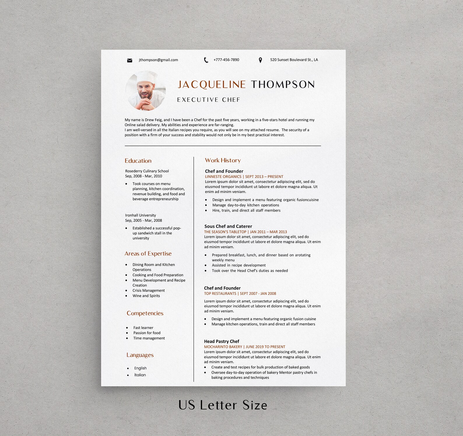 Executive Chef Resume Template Word & Mac Pages, Sous Chef Resume ...