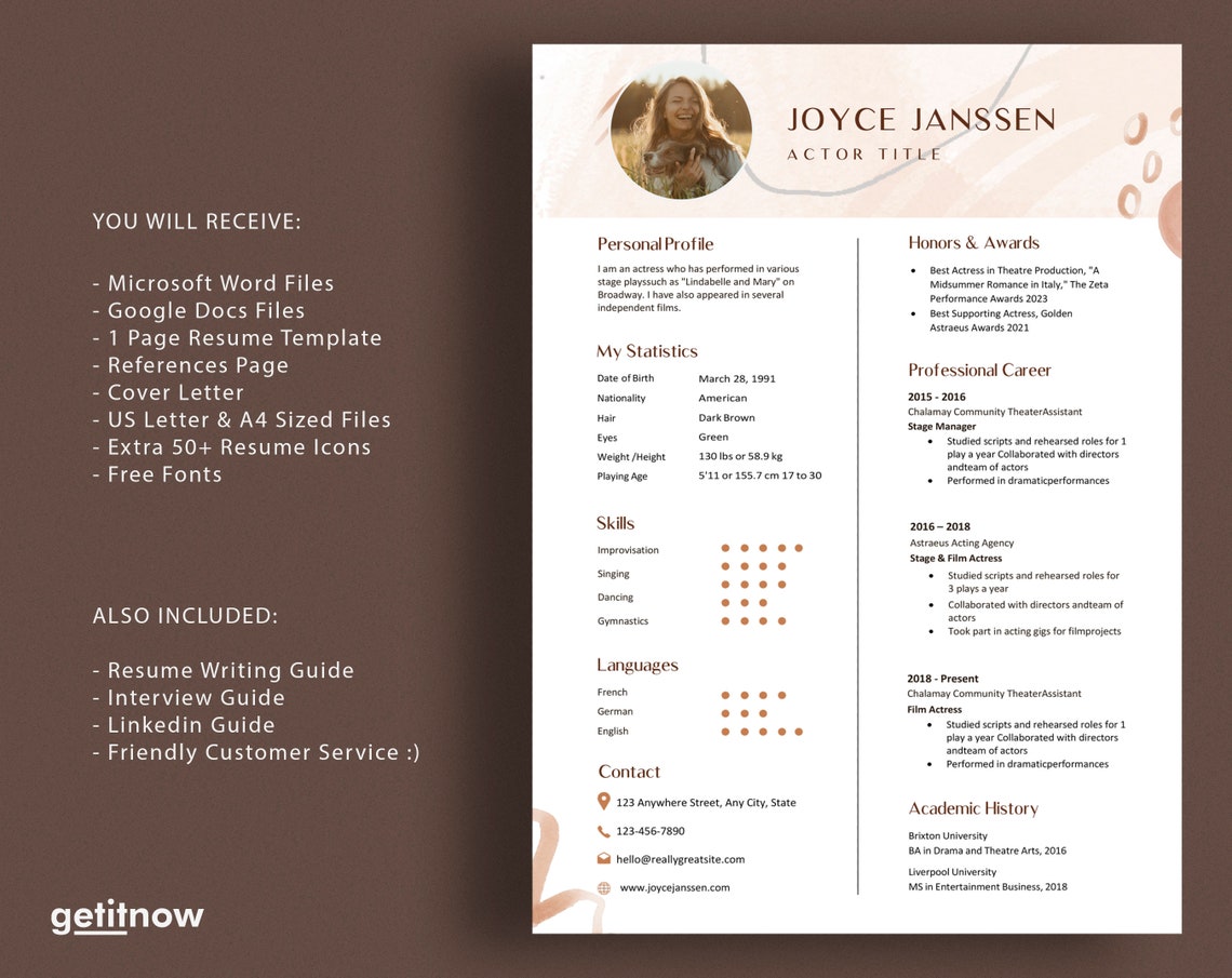 Professional Acting Resume Template, Google Docs & Word, Actors Resume ...