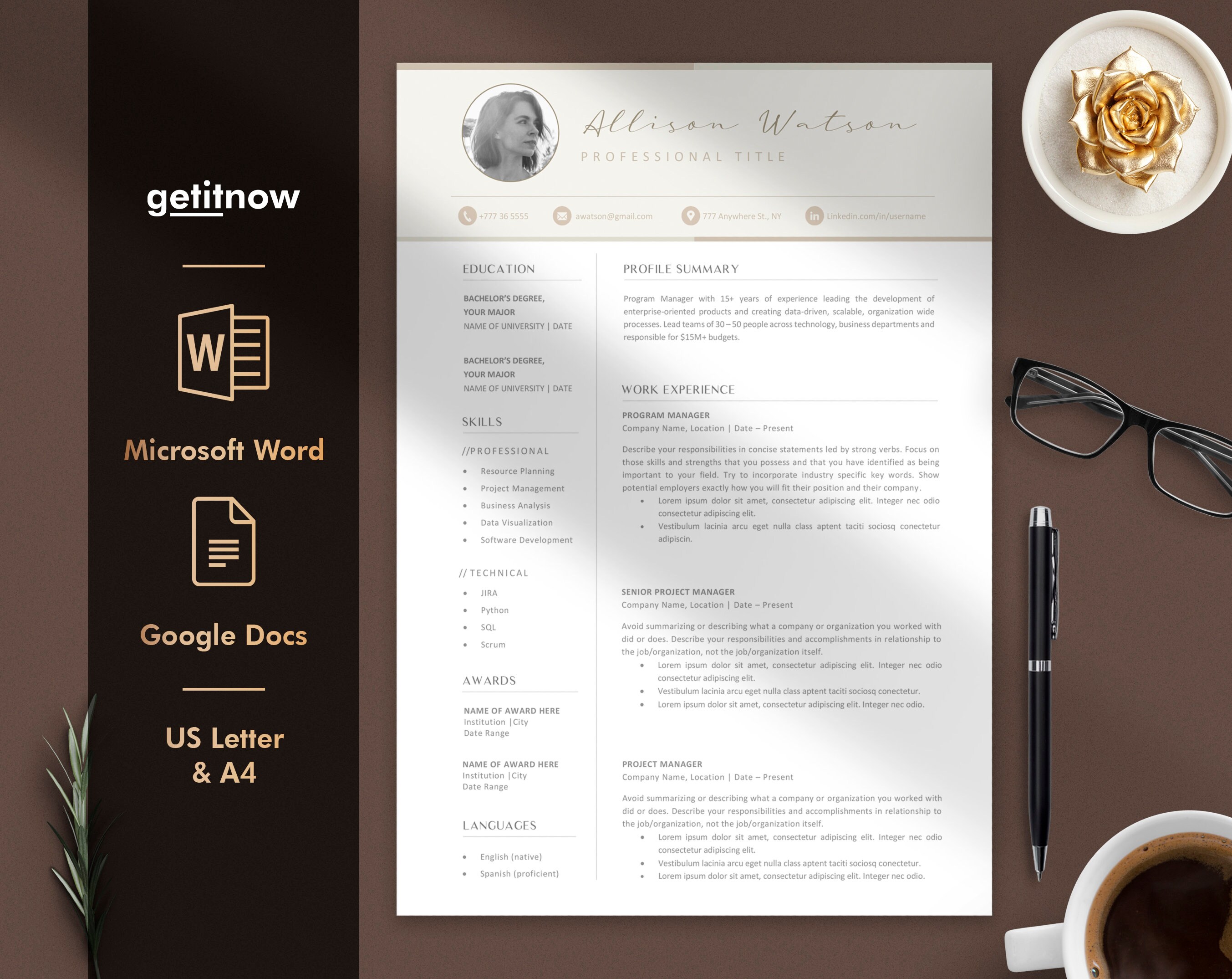 Executive Resume Template Google Docs & Word, Professional Cv Template ...