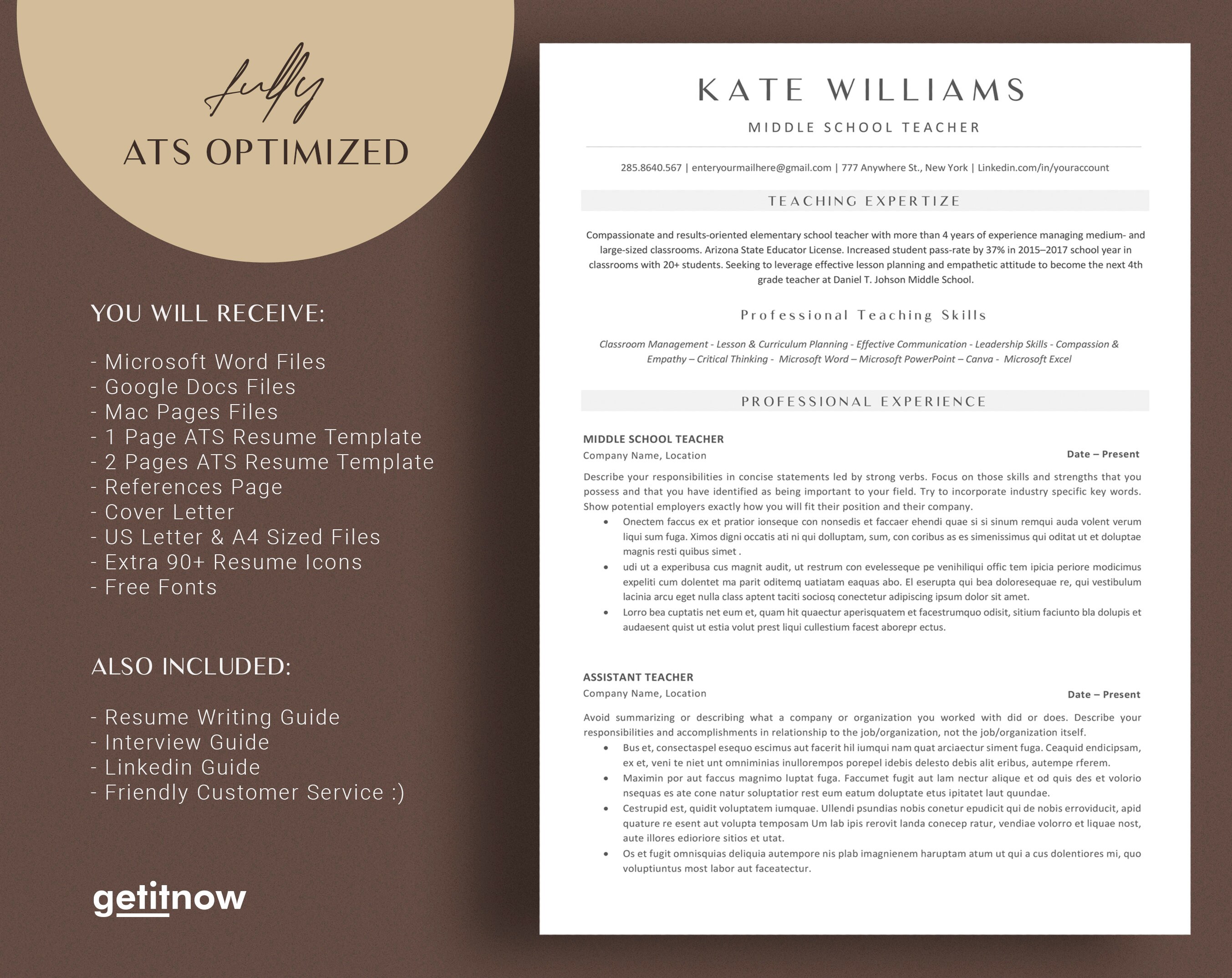 Teacher Resume Template for Word, Google Docs, Pages Teacher Resume ...