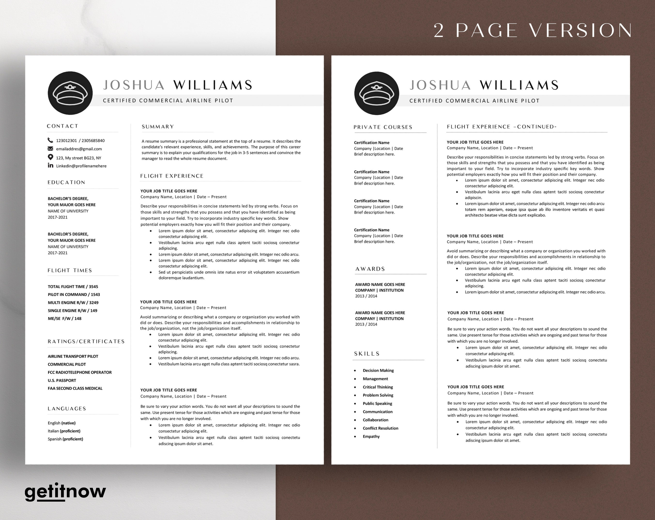 Airline Pilot Resume Template Word, Professional Commercial Pilot Cv ...