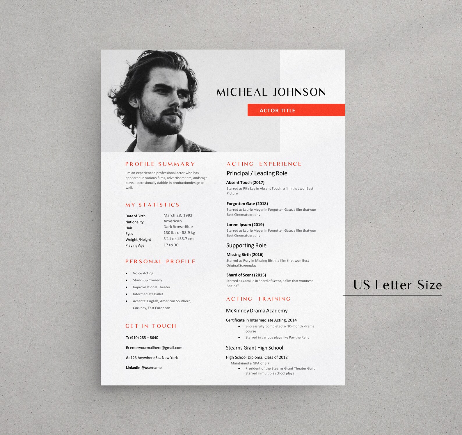 Professional Actor Resume Template Google Docs & Word, Actors Resume ...