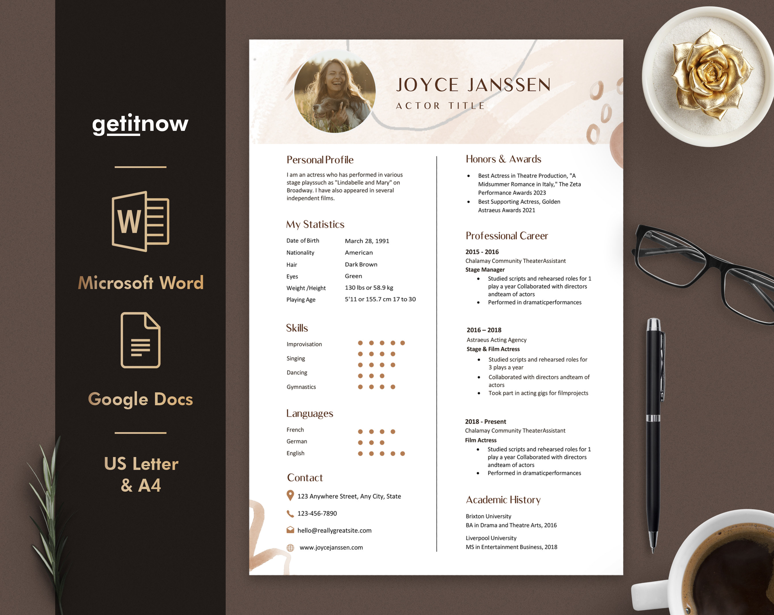 Professional Acting Resume Template, Google Docs & Word, Actors Resume ...