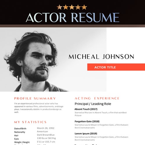 Actress & Actor Resume Template With Photo for Word Acting - Etsy