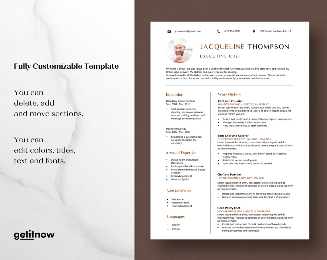 Executive Chef Resume Template Word & Mac Pages, Sous Chef Resume ...