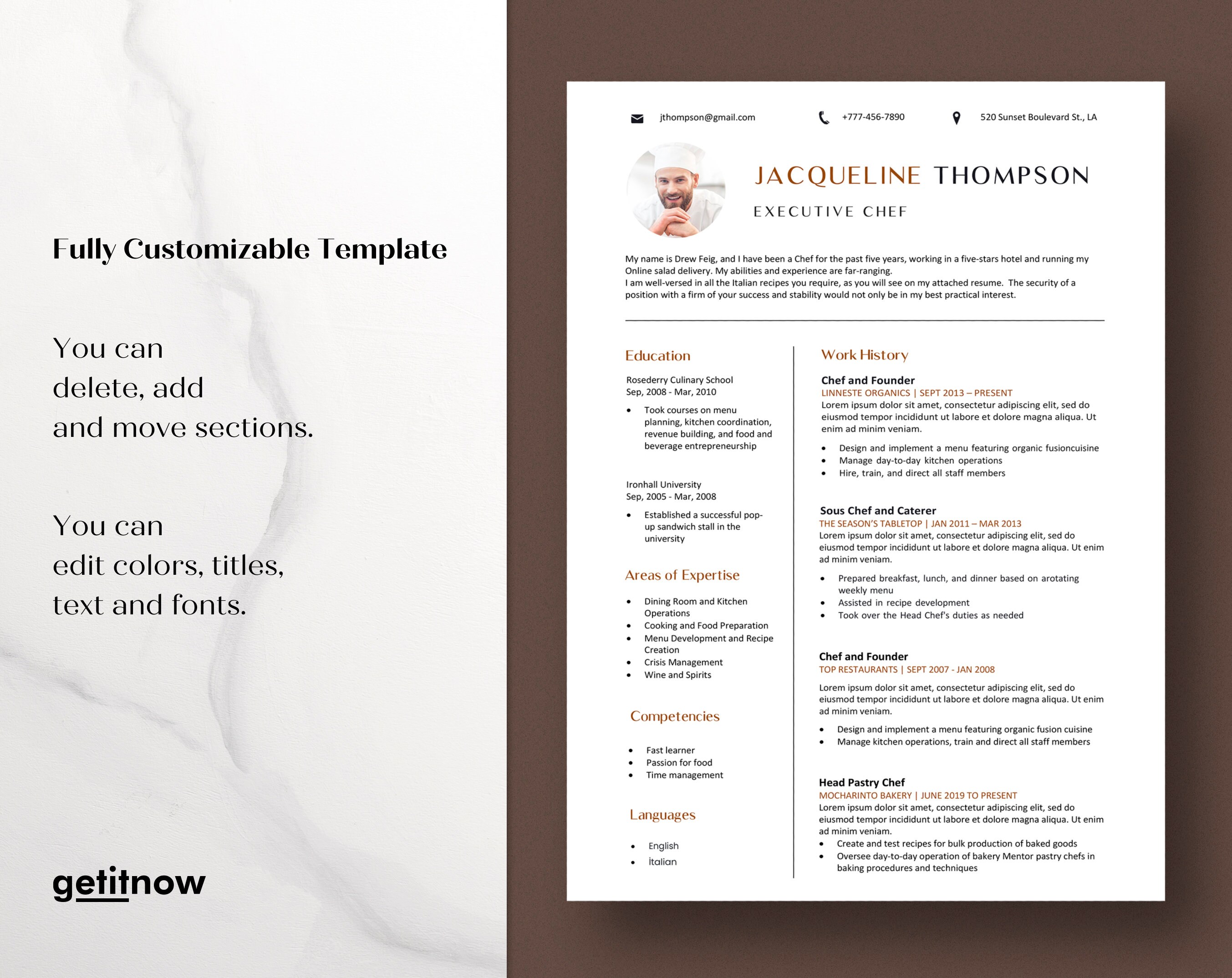 Executive Chef Resume Template Word & Mac Pages, Sous Chef Resume ...