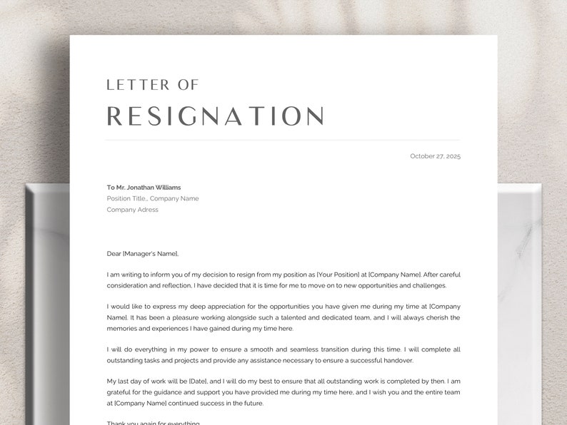 Professional Resignation Letter Template, Microsoft Word & Apple Pages ...