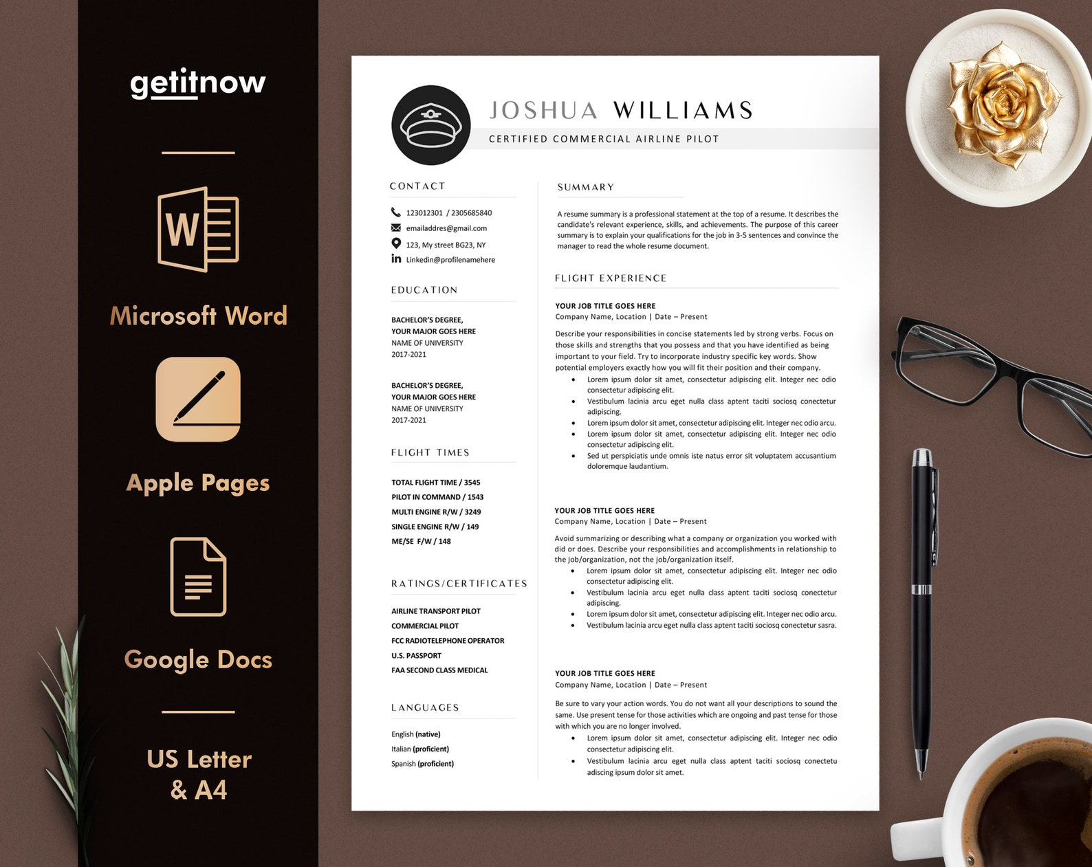 Airline Pilot Resume Template Word, Professional Commercial Pilot Cv ...