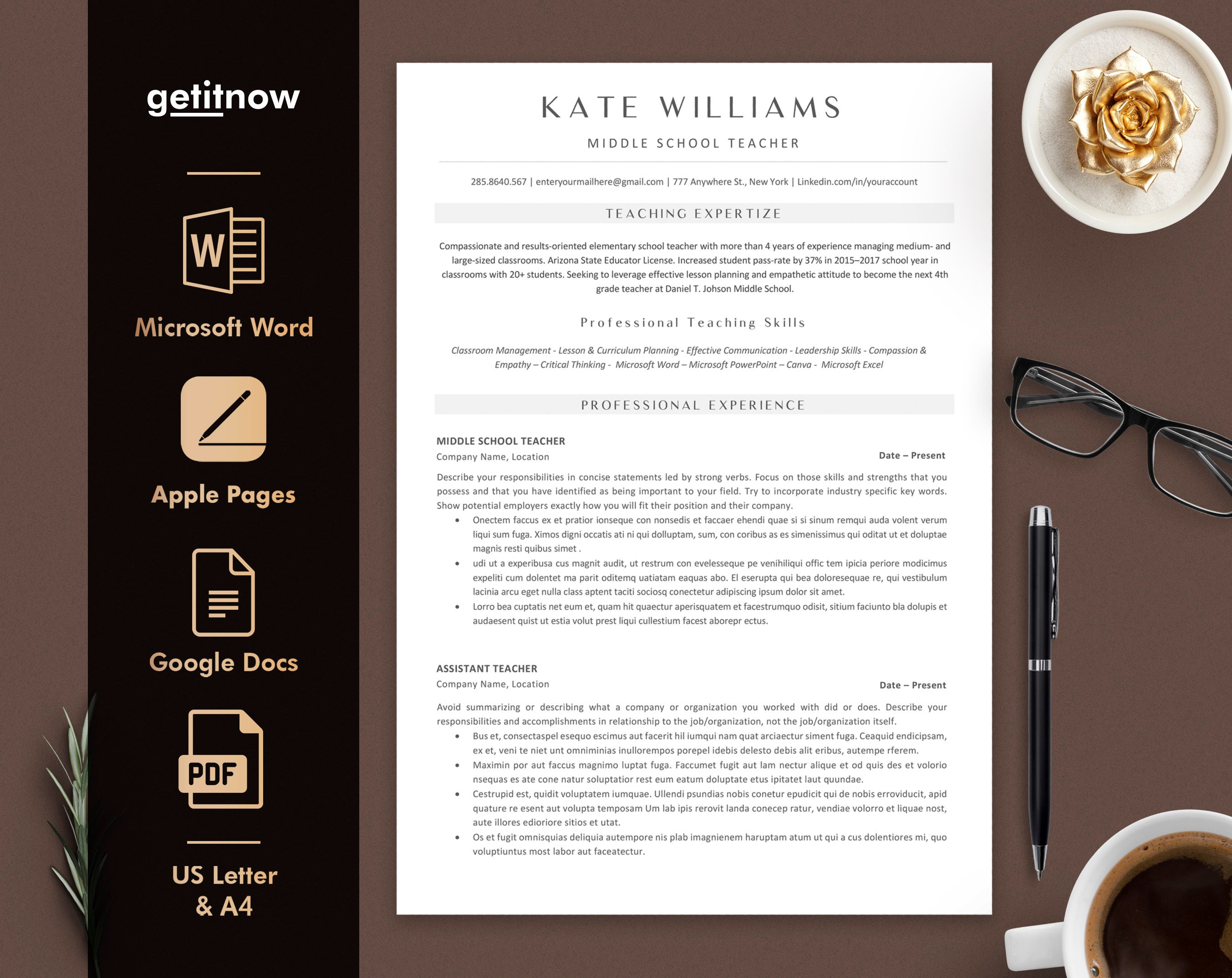 Teacher Resume Template for Word, Google Docs, Pages - Teacher Resume ...