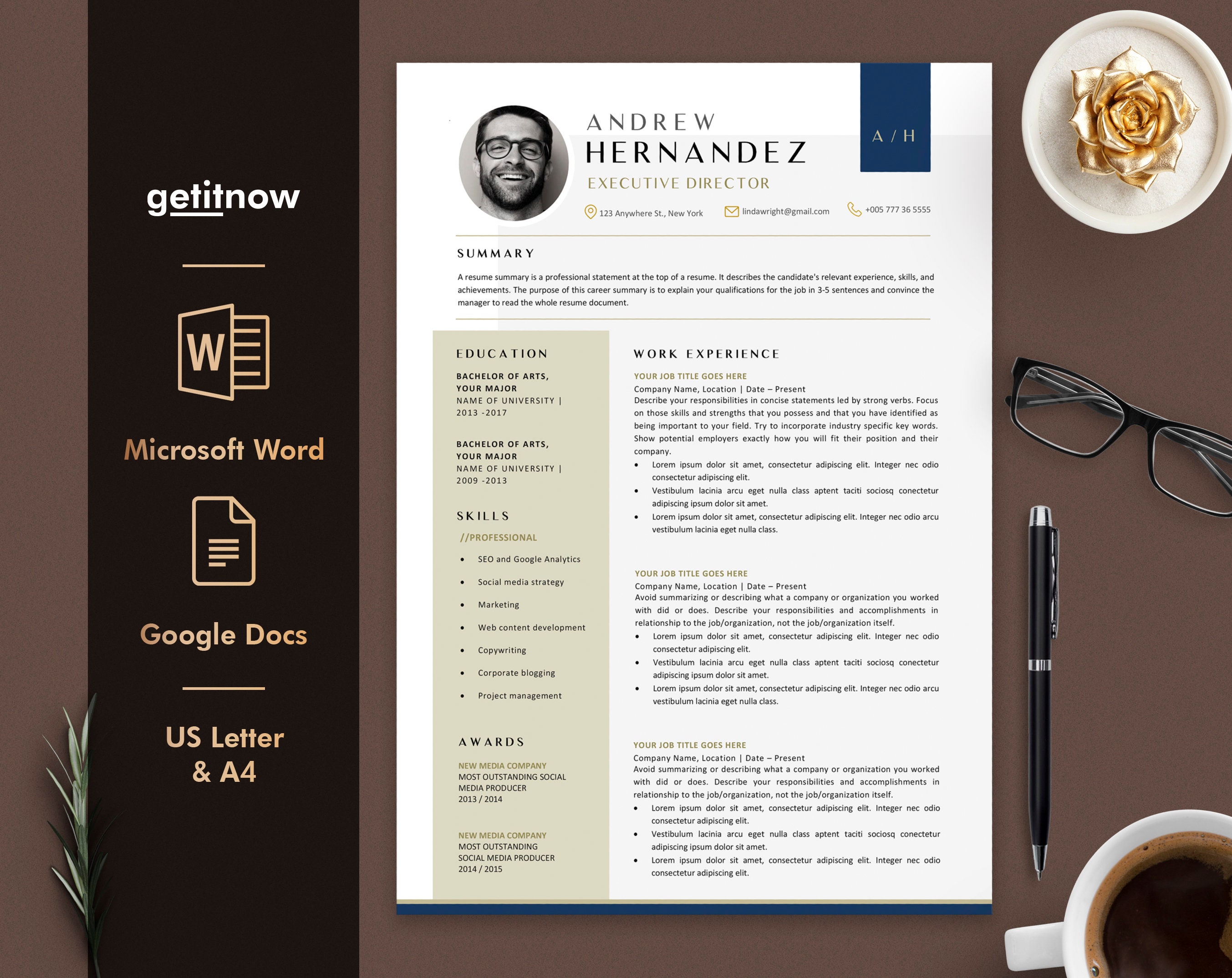 Executive Resume Template Google Docs & Word, Modern Resume, HR Resume ...