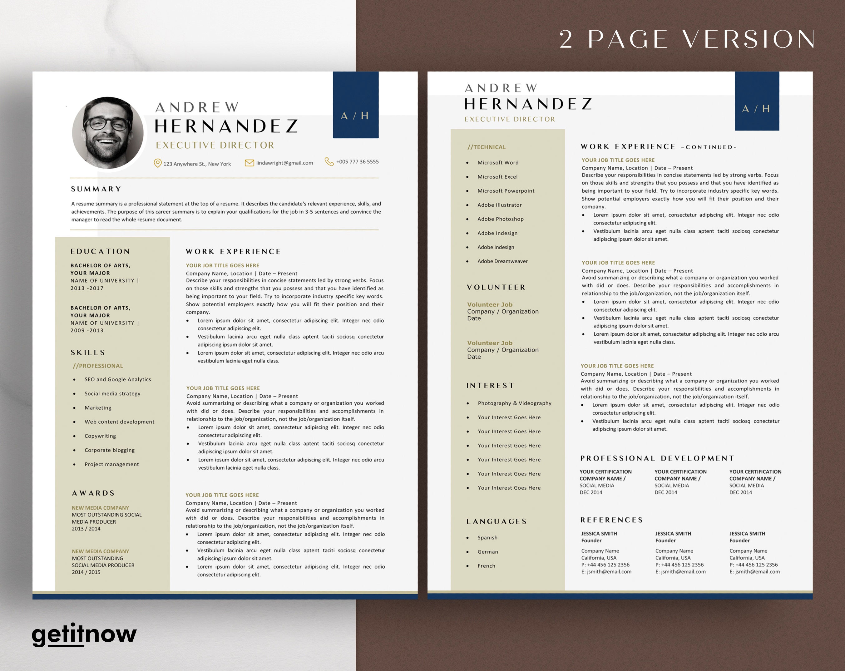 Executive Resume Template Google Docs & Word, Modern Resume, HR Resume ...